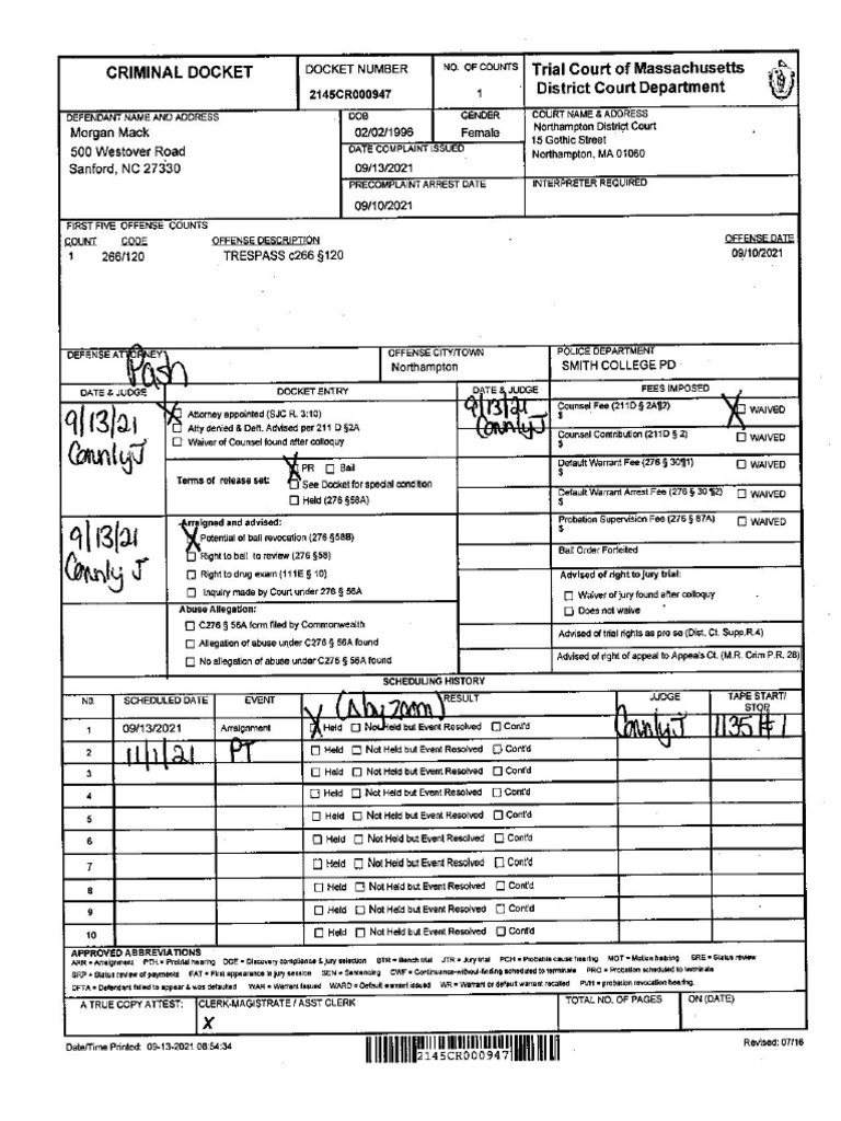 Morgan Mack Trespassing Charges From Smith College Incident. | PDF