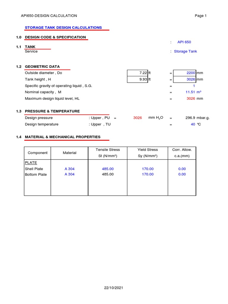 API 650 Storage Tank Design Calculations | PDF | Pressure | Stress ...