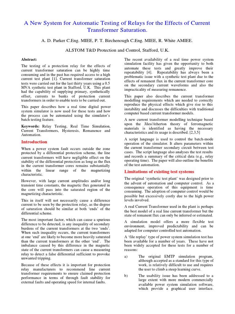 67 Automatic Testing Of Relays Effect Of Ct Saturation Pdf