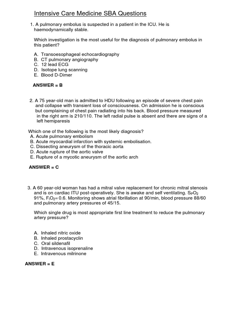 Intensive Care Medicine SBA Questions: Answer B | PDF | Embolism ...