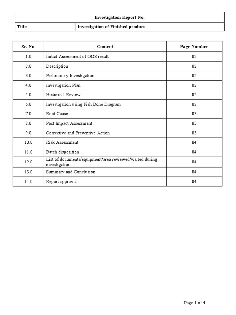 Investigation Report No. Title Investigation of Finished Product | PDF ...