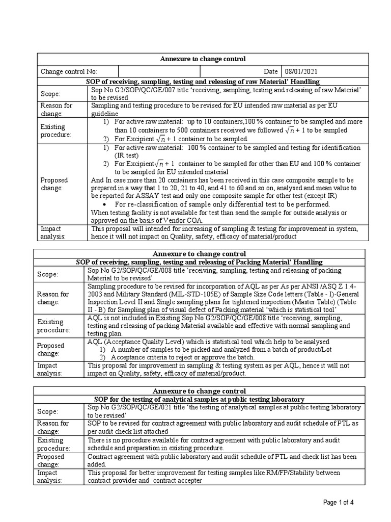 Annexure to change control SOP revisions | PDF | Calibration | Assay