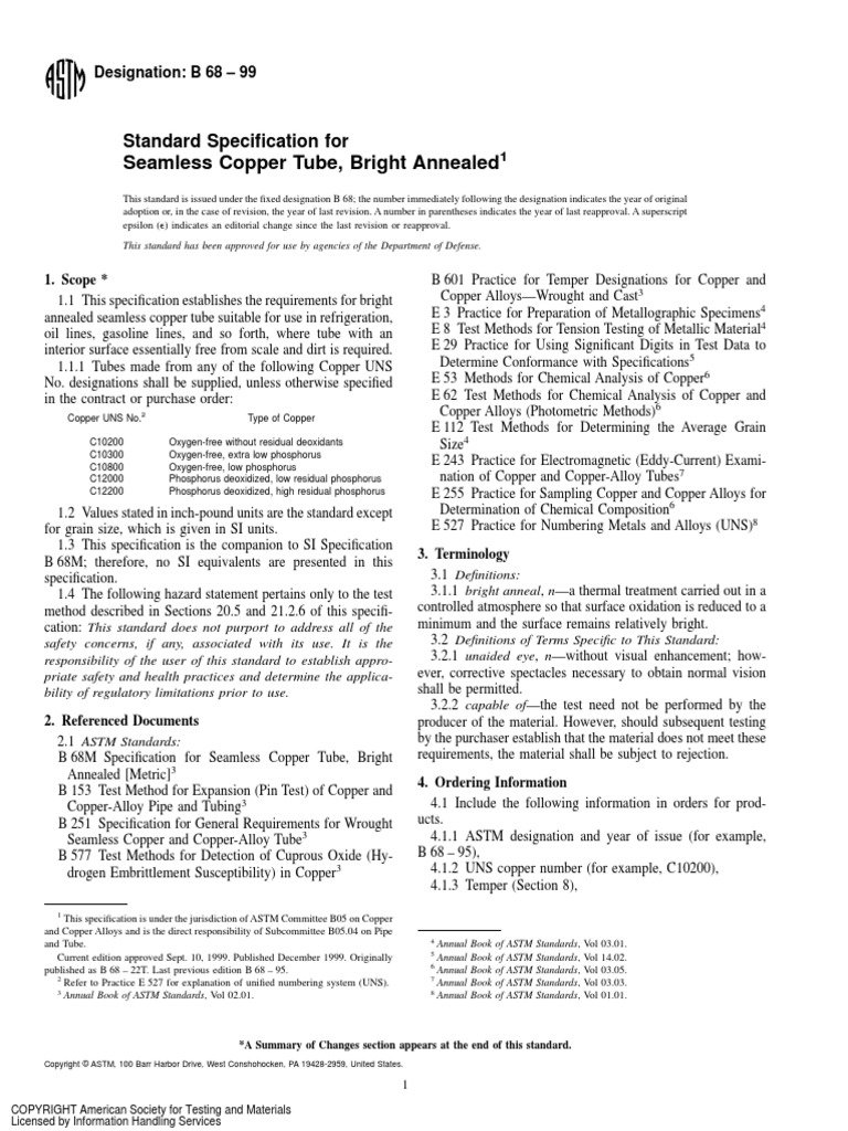Astm B68 (1999) | PDF | Pipe (Fluid Conveyance) | Copper