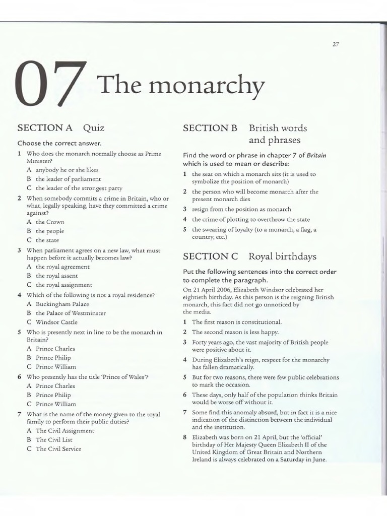 The Monarchy: Section A Quiz SECTION B British Words and Phrases | PDF ...