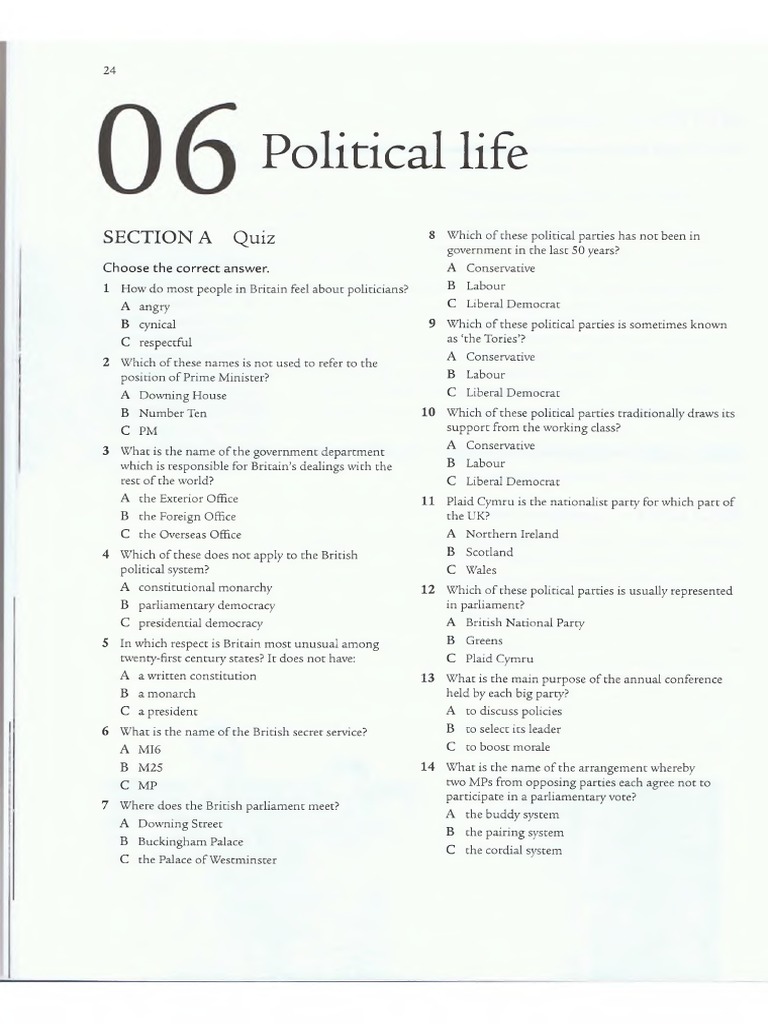 Political Life: Section A Quiz | PDF | Labour Party (Uk) | United Kingdom