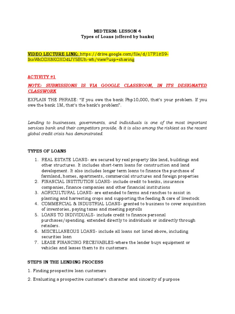 Midterm: Lesson 4 Types of Loans (Offered by Banks) : Activity #1 | PDF ...