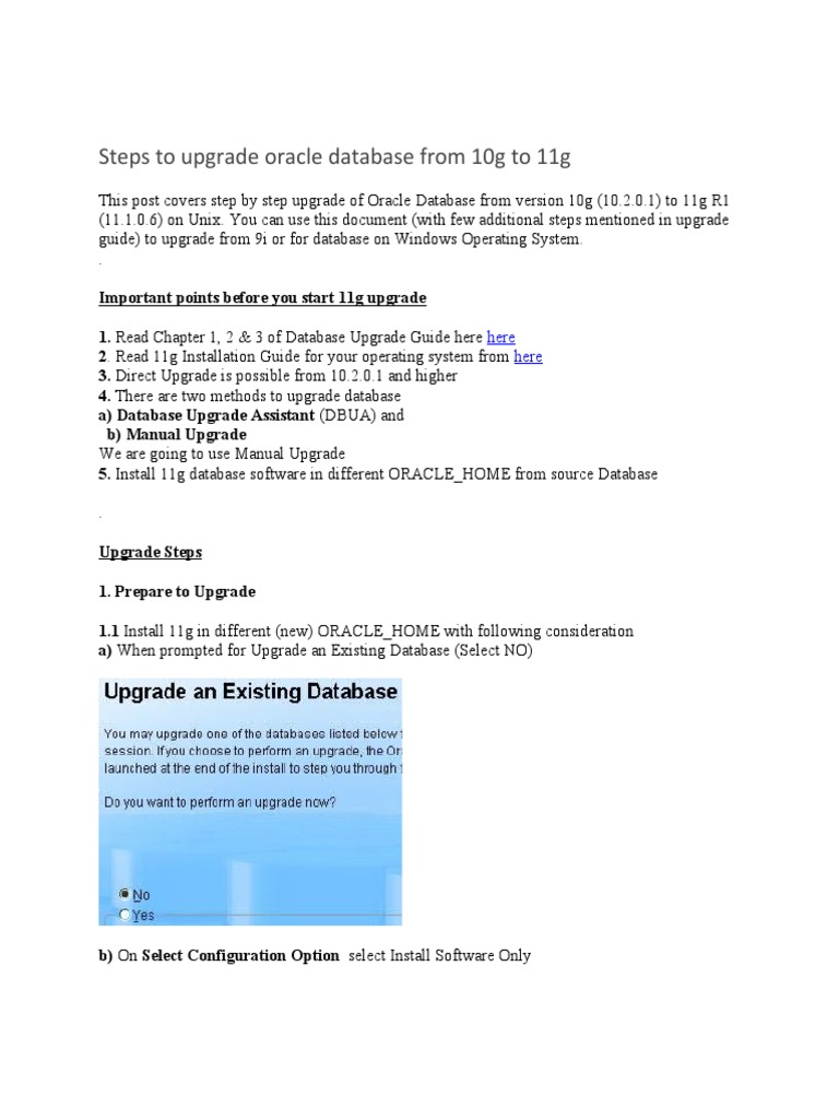 Steps To Upgrade Oracle Database From 10g To 11g Pdf Relational Database Oracle Corporation