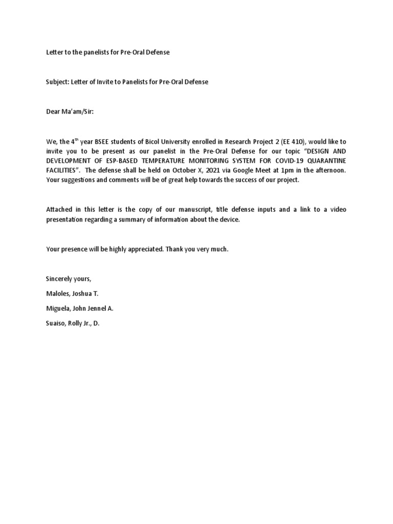 Letter To Panelist (Pre-Oral) | PDF