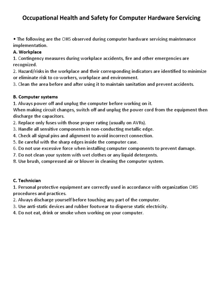 Occupational Health and Safety For Computer Hardware Servicing | PDF