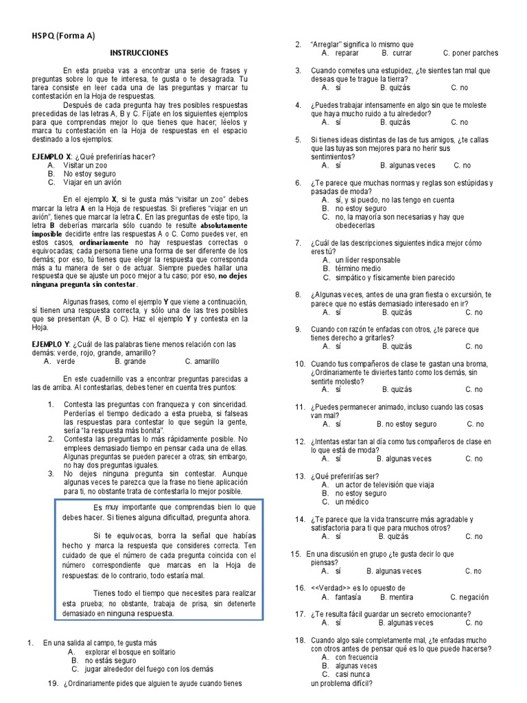 Cuestionario HSPQ | PDF