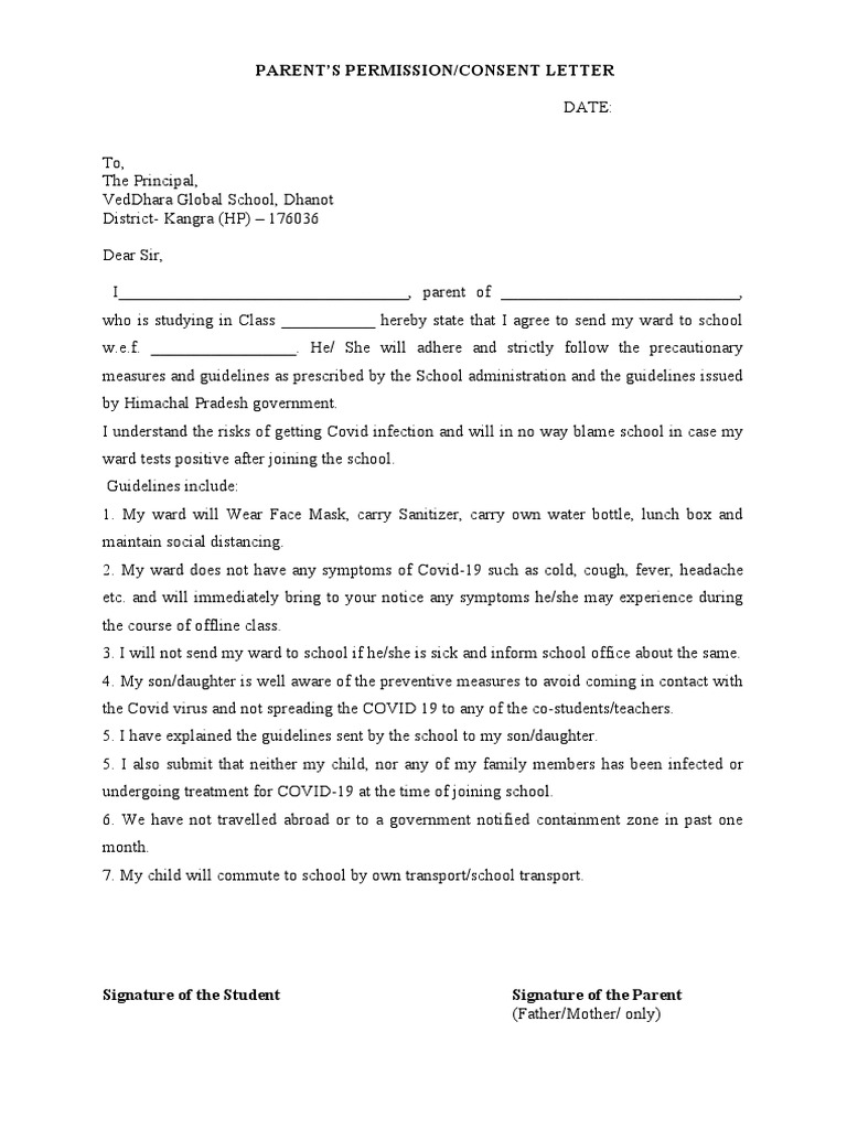 Parent'S Permission/Consent Letter | PDF