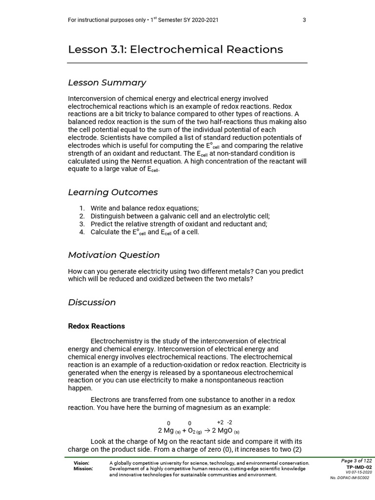 Lesson 3.1: Electrochemical Reactions | PDF | Electrochemistry | Redox