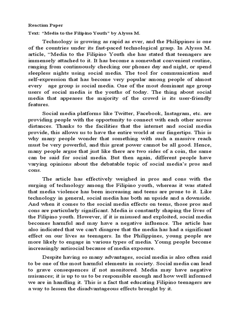 Reaction Paper Text: "Media To The Filipino Youth" by Alyssa M | PDF ...