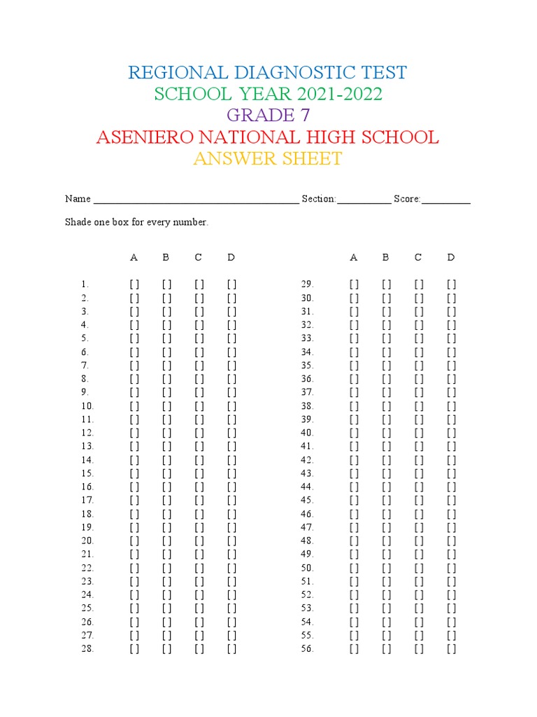Answer Sheet Regional Diagnostic Test | PDF | Data Collection | Tests