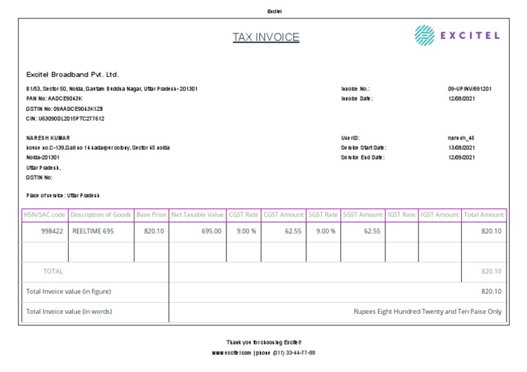 Excitel Aug 2021 Bill | PDF