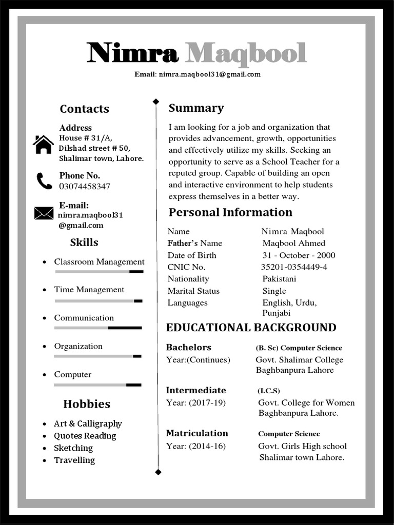Nimra Maqbool's Resume for Teacher Position | PDF