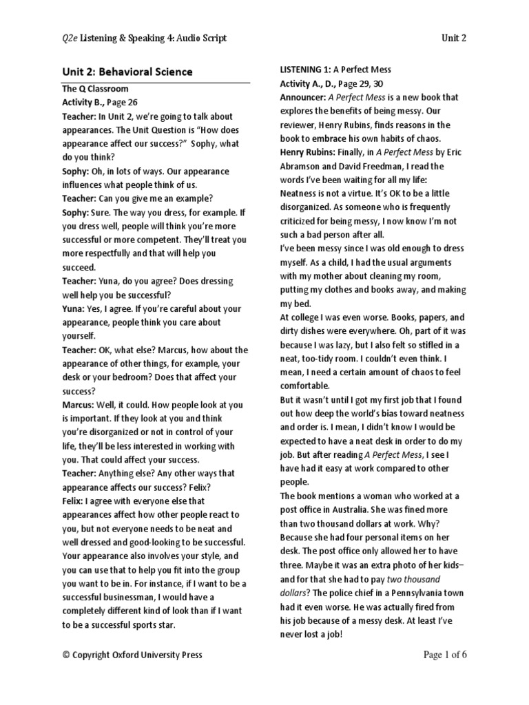 Unit 2: Behavioral Science: Q2e Listening & Speaking 4: Audio Script ...
