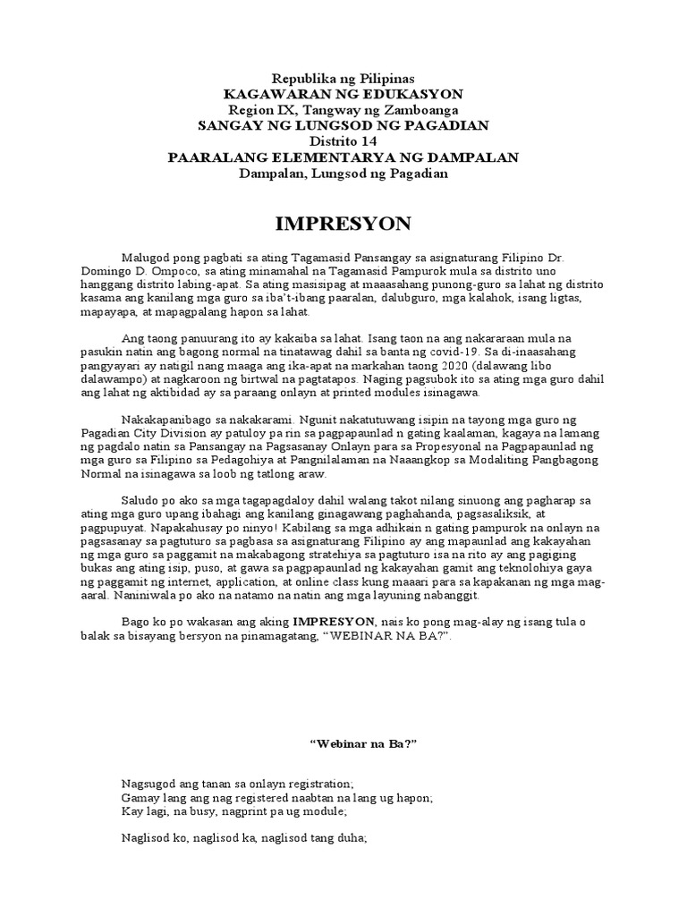Impresyon Sa Filipino | PDF
