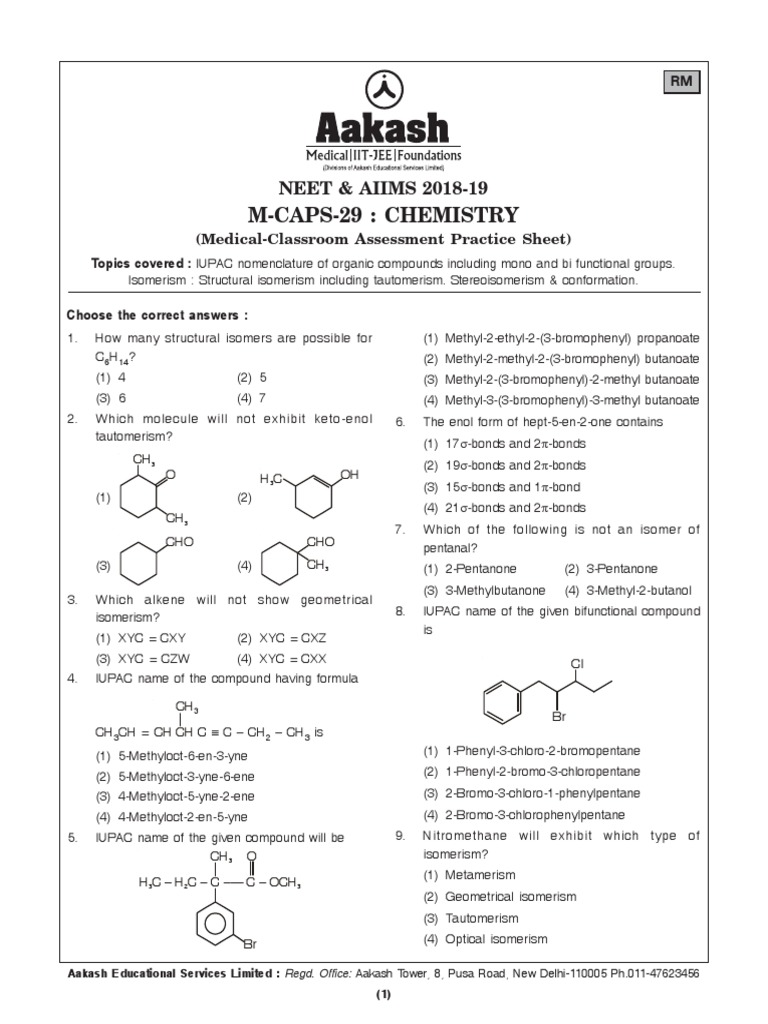 Organic Chemistry Practice Questions on IUPAC Nomenclature, Isomerism ...