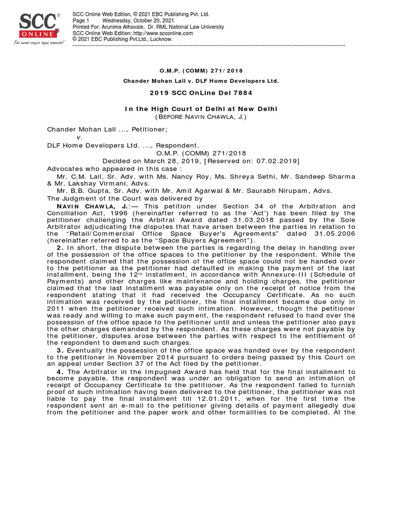 Chander Mohan Lall v. DLF Home Developers LTD., 2019 SCC OnLine Del ...