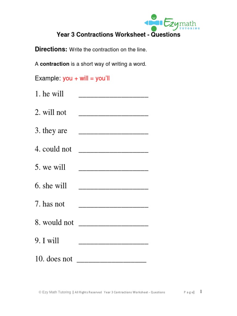 Year 3 Contractions Worksheet Questions | PDF