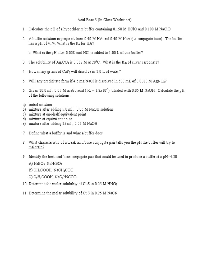 Acid Base 3 in Class Worksheet | PDF