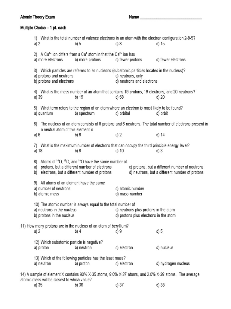 Atomic Theory Exam Review | PDF | Atoms | Proton