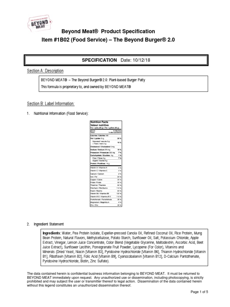 Customer Specification - 1B02 The Beyond Burger 2.0 - Food Service ...