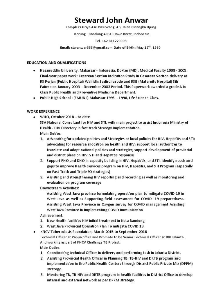 CV - Steward John Anwar | PDF | Tuberculosis | Management Of Hiv/Aids