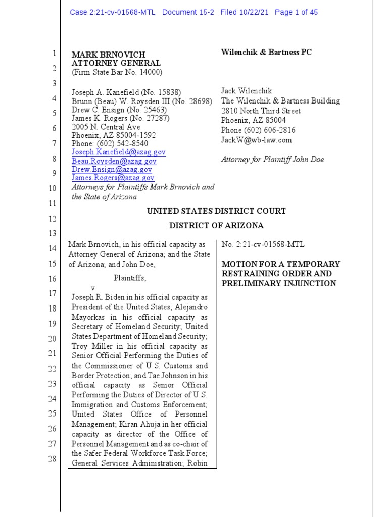 Brnovich Motion For A Temporary Restraining Order | PDF | Injunction | Fourteenth Amendment To ...