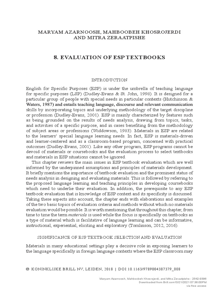 (Issues in Coursebook Evaluation) 8. Evaluation of ESP Textbooks | PDF | Learning | Fluency