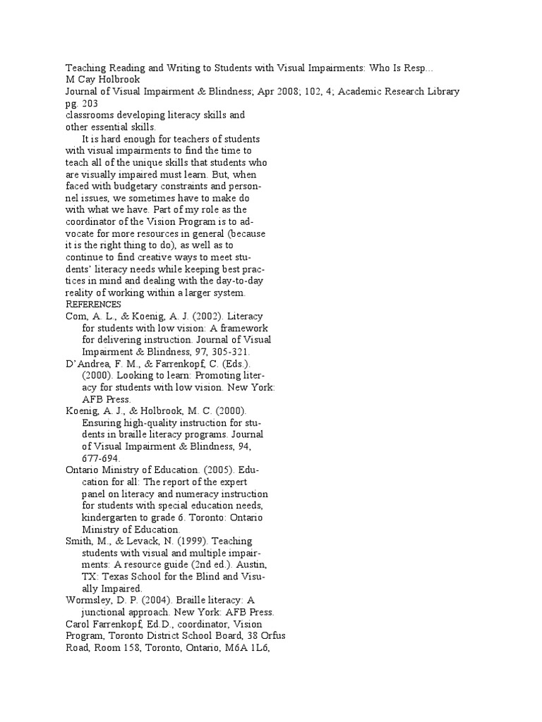 Teaching Reading and Writing To Students With Visual Impairments | PDF ...