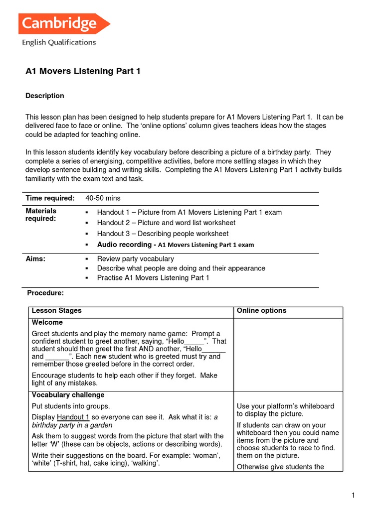 Online Teaching A1 Movers Listening Part 1 | PDF | Test (Assessment ...