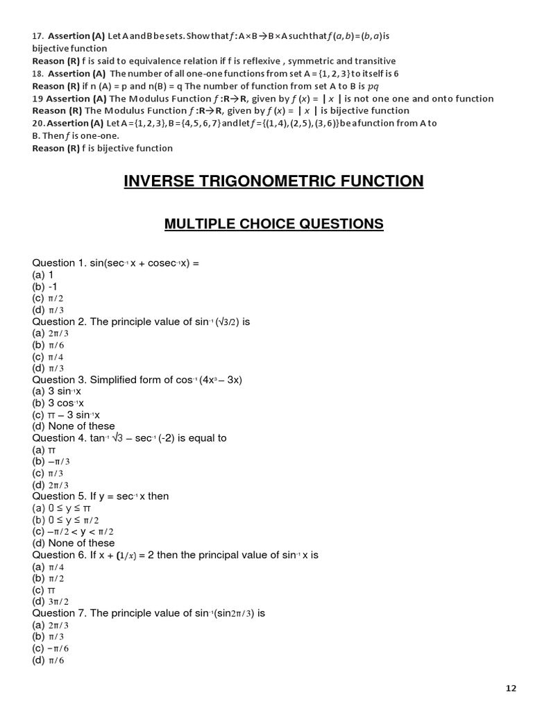 Inverse Trigonometric Function: Multiple Choice Questions | PDF ...