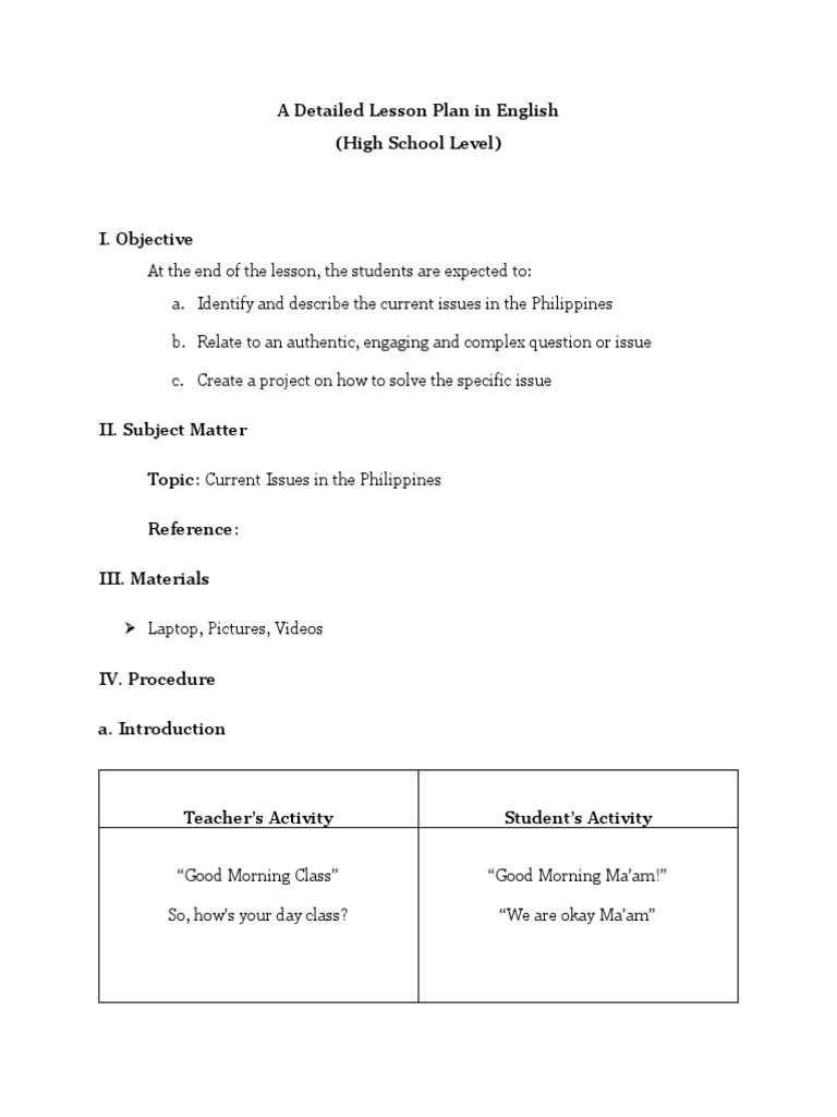 A Detailed Lesson Plan in English (High School Level) | PDF | Part Of ...