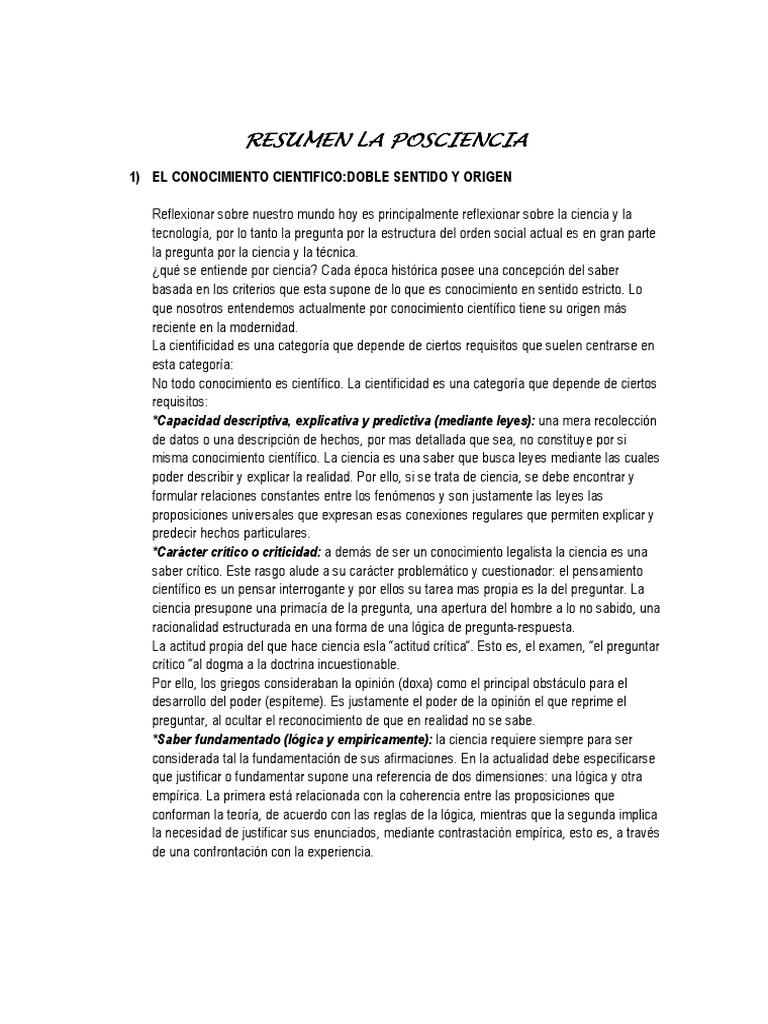 Resumen La Posciencia Resumen La Poscien | PDF | Conocimiento | Verdad
