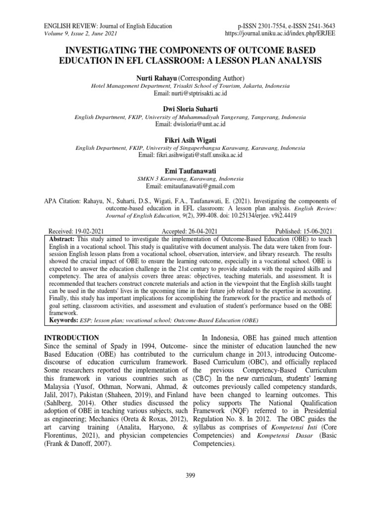 Investigating The Components of Outcome Based Education in Efl ...