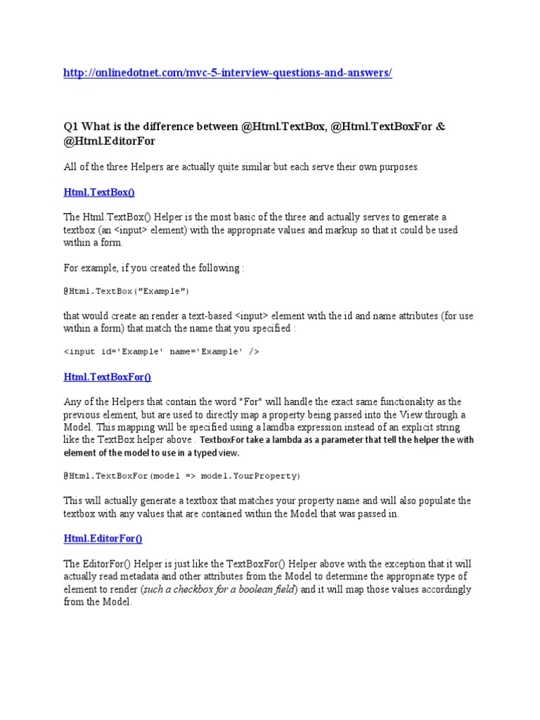 Q1 What Is The Difference Between Html Textbox Html Textboxfor And Html Editorfor Pdf
