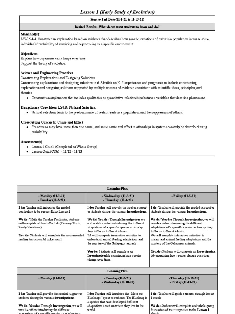 Cycle 3 Unit Plan Lesson 1 | PDF | Evolution | Natural Selection
