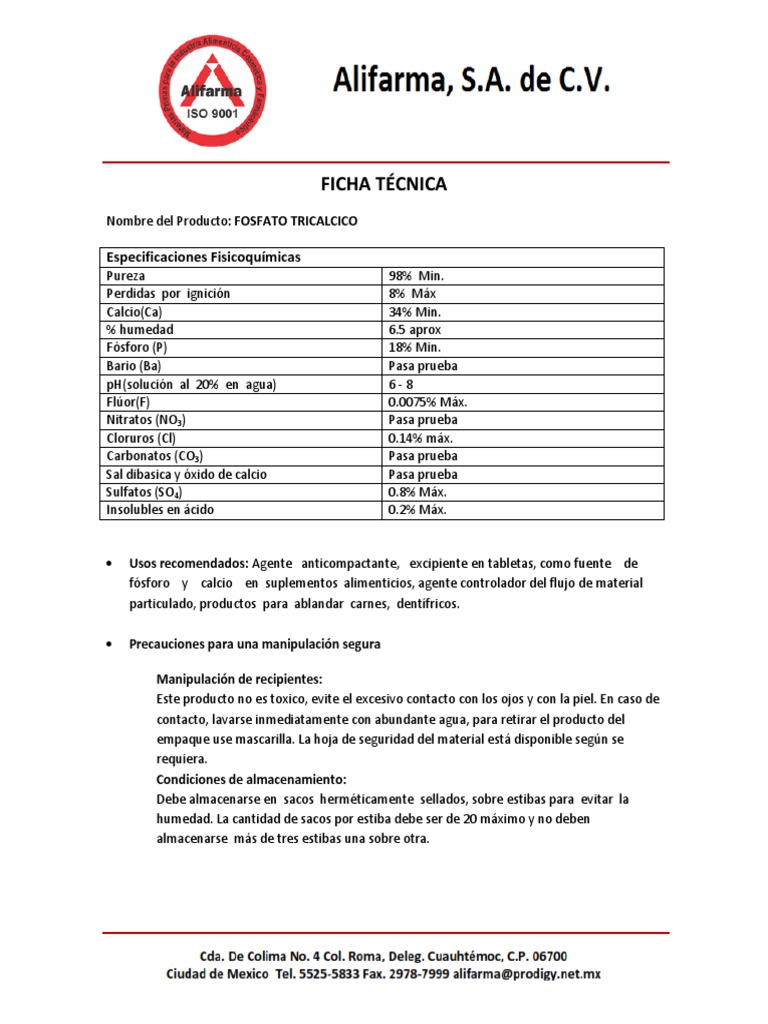 Ficha Tecnica Alifarma Fosfato Tricalcico | PDF