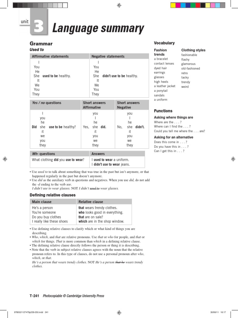 Unit 3 - Style and Fashion - Language Summary | PDF | Pronoun | Clause