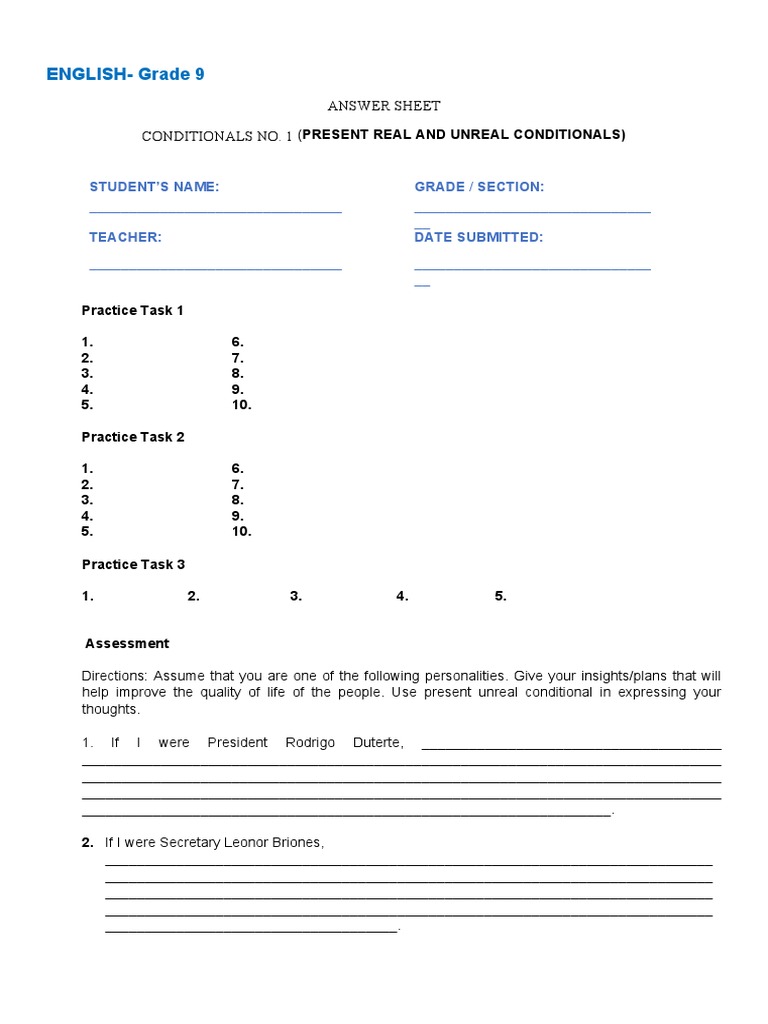 Grade 9 Conditionals worksheet | PDF | Cognition | Learning