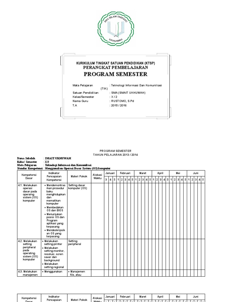 Program Semester Tik Kelas X SMT 2 Revisi | PDF
