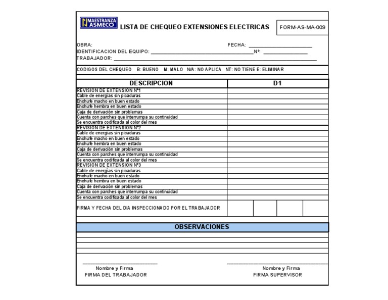FORM-EE-SR-009 Check List Extensiones Electricas | PDF