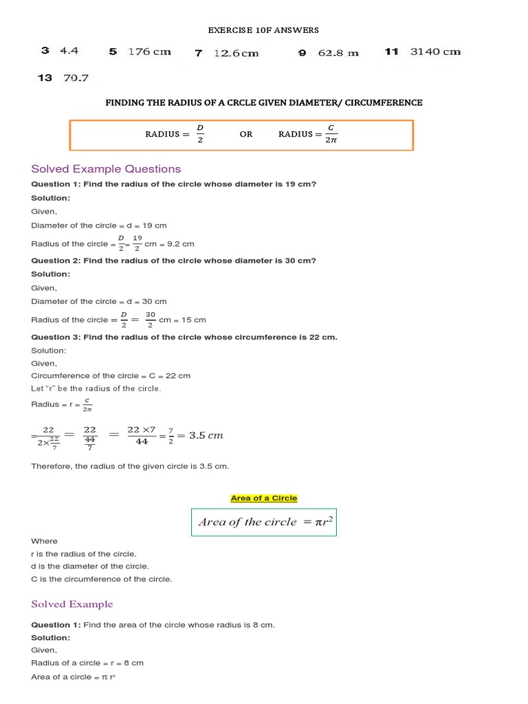 Chapter 10 - Ex10d Ans Withs Notes On Finding Radius and Area | PDF