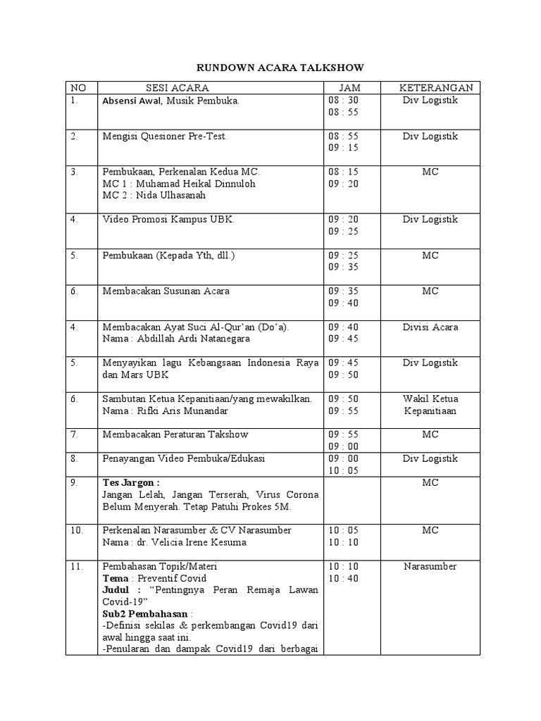 RUNDOWN ACARA TALKSHOW KKN Terbaru | PDF