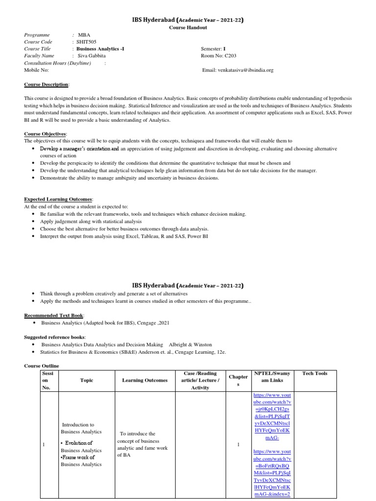 BA 1 21-22 Course Handout | PDF | Analytics | Statistics
