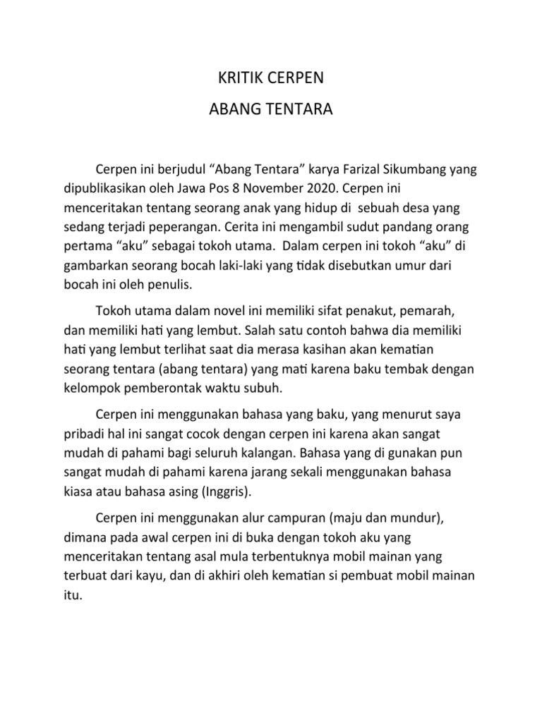 Kritik Cerpen "Abang Tentara" Farizal | PDF