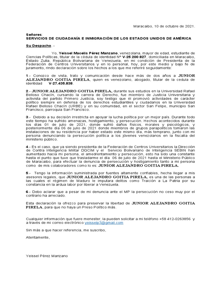 Carta Testigo Junior Goitia | PDF | Venezuela | Gobierno