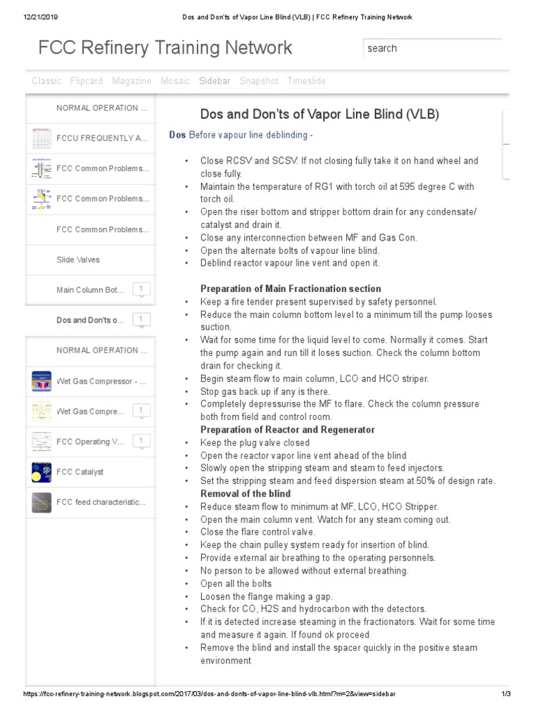 Dos and Don'ts of Vapor Line Blind (VLB) - FCC Refinery Training ...